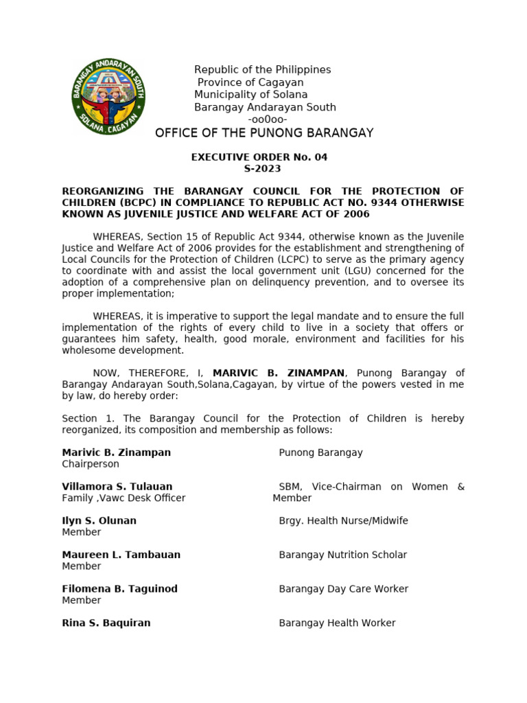 BCPC EO 2023 | PDF | Child Abuse | Childhood