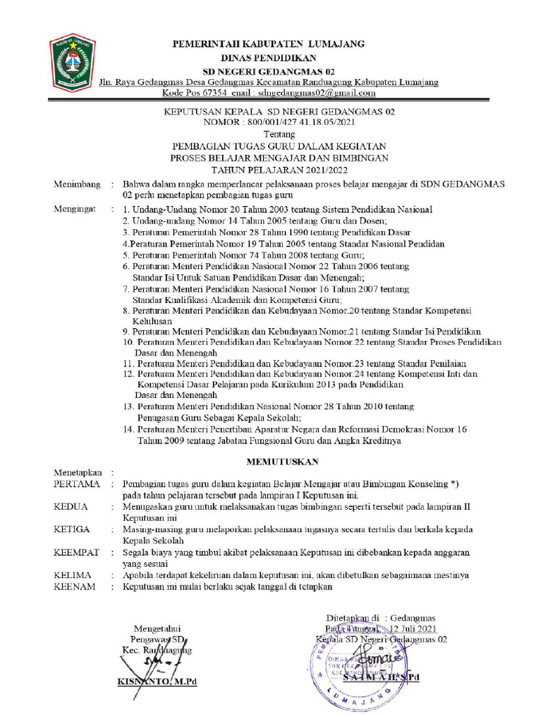 SK Pembagian Tugas 2021-2022 | PDF