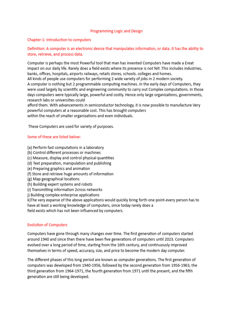 Programming Logic and Design Chapter-1 | PDF | Computer Data Storage | Computer Hardware