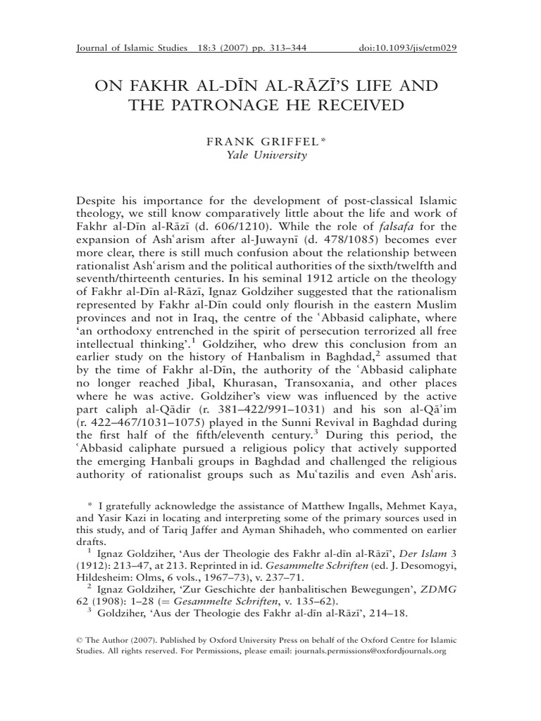 Griffel, Frank (2007) - ON FAKHR AL-DI N AL-R2ZI 'S LIFE AND The Patronage He Received | PDF ...