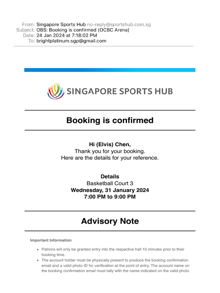 OBS Booking Is Confirmed (OCBC Arena) | PDF | Identity Document