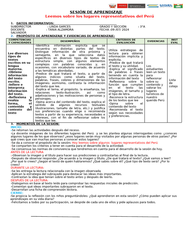 Sesion Com Leemos Lugares Turisticos | PDF | Información | Aprendizaje