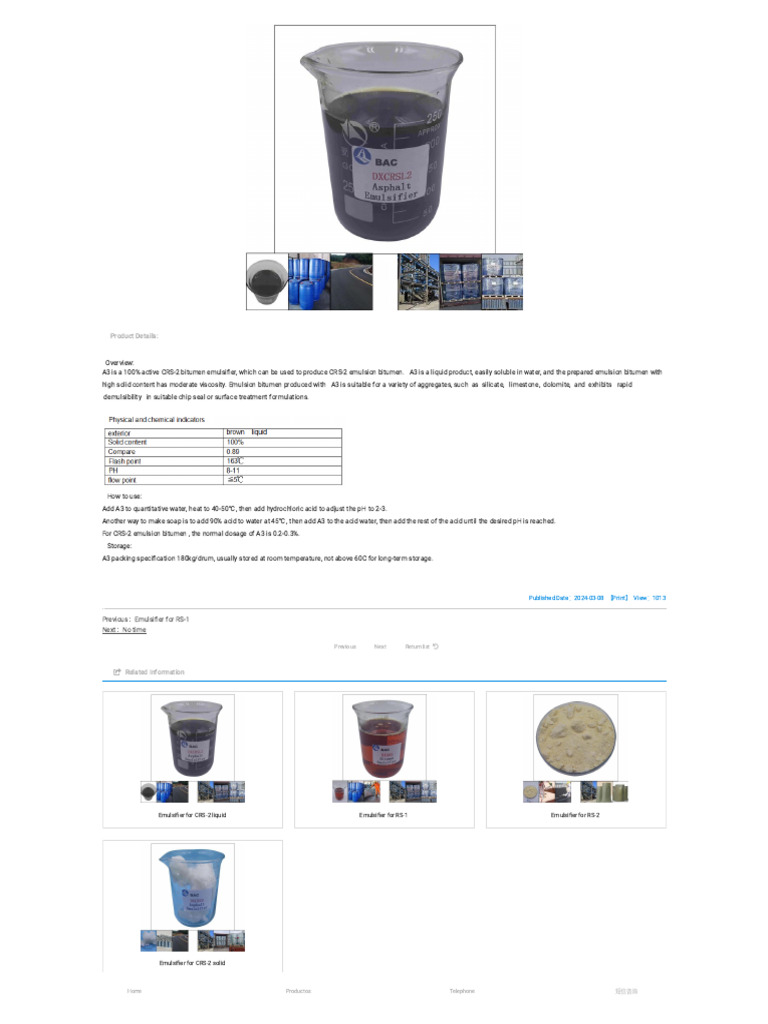 Emulsifier For CRS-2 Liquid - BITUMEN & ASPHALT CHEMICAL | PDF | Emulsion | Chemical Substances