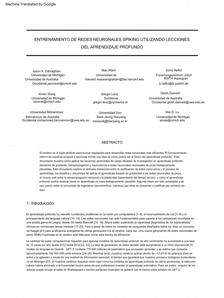 TRADUCCION DEL ARTICULO: Training Spiking Neural Networks Using Lessons From Deep Learning | PDF ...