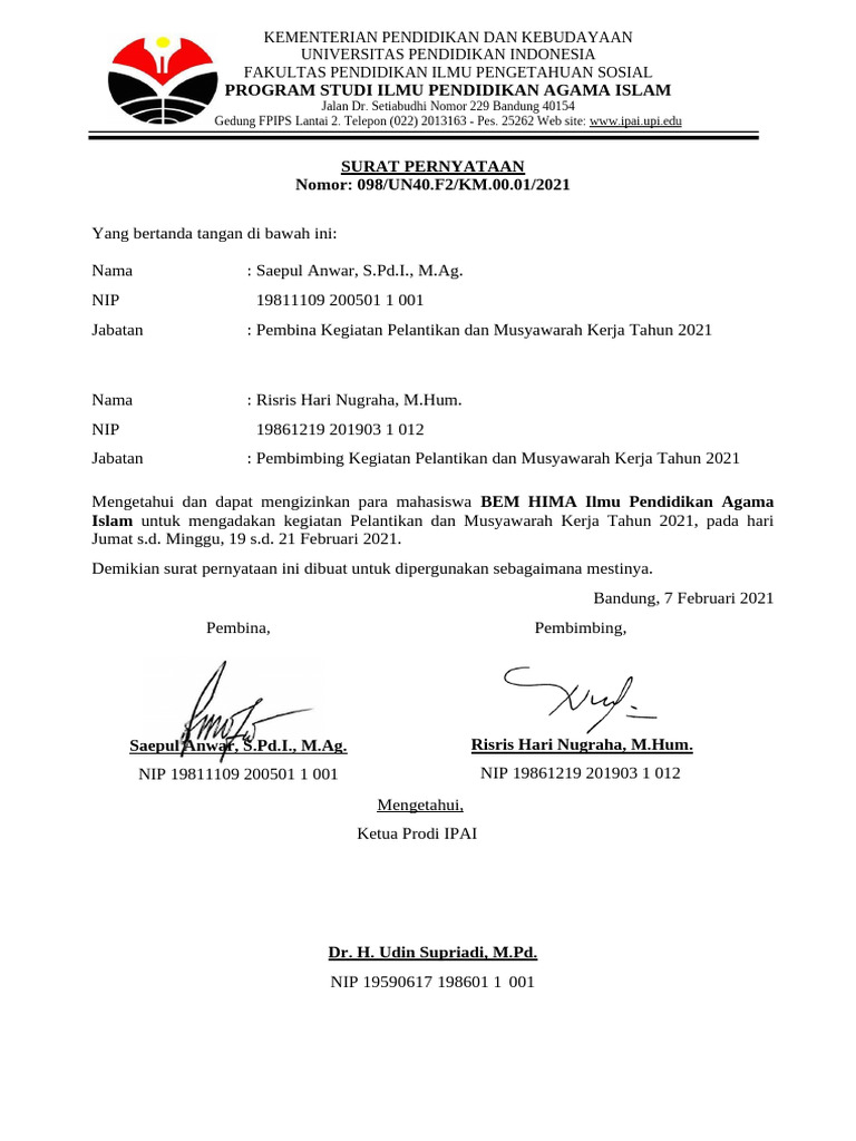 098_Surat Pernyataan Pembina Pembimbing_Pelantikan&Musyker fix | PDF