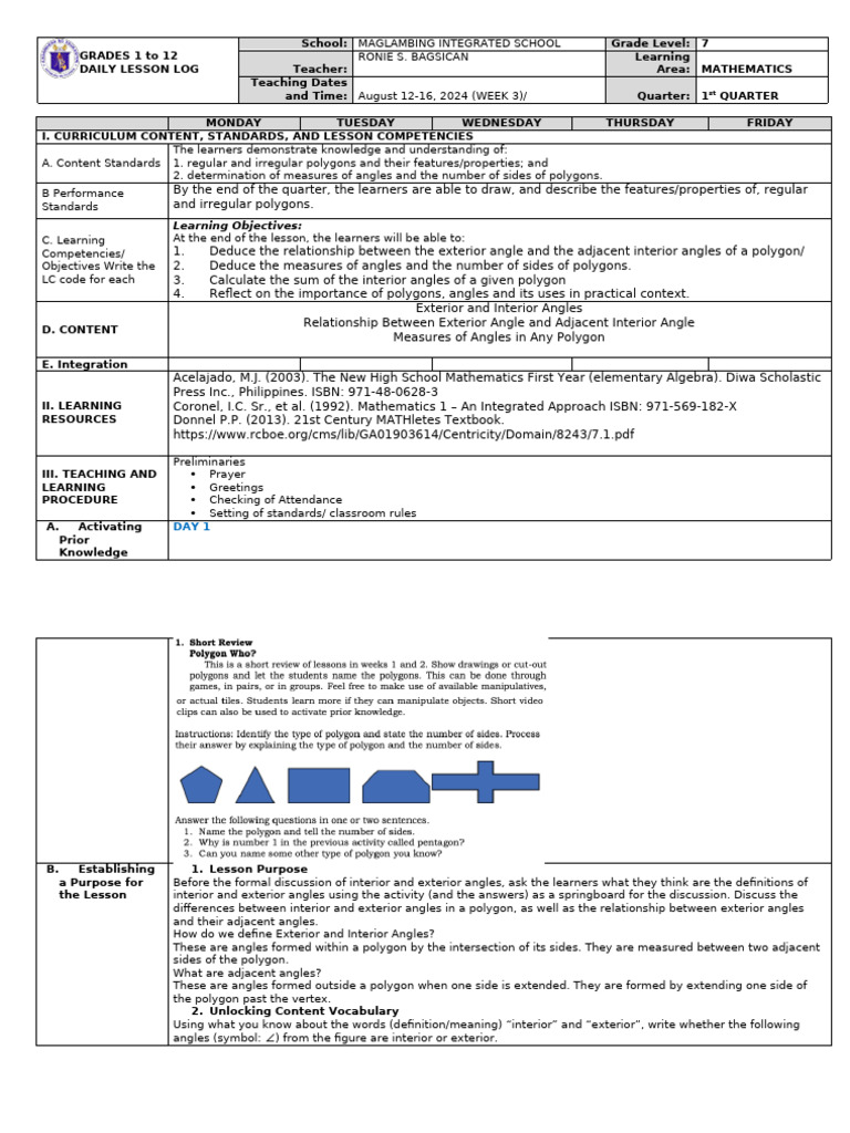 MATH 7 Matatag Q1 WK3-DLL | PDF | Polygon | Angle