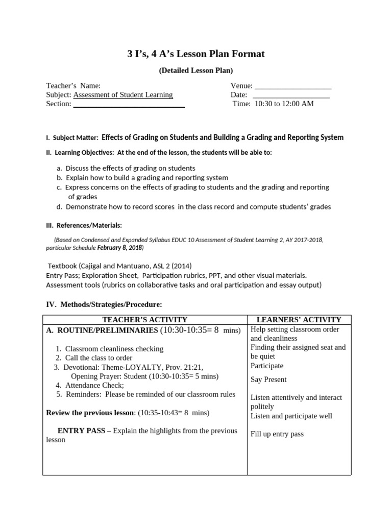 3 Is 4 As Lesson Plan Format Sample | PDF | Lesson Plan | Learning