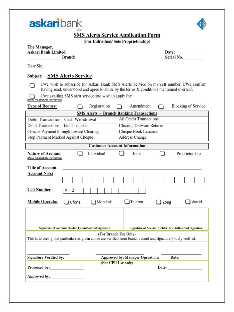 SMS Alerts Service Form | PDF | Cheque | Clearing (Finance)
