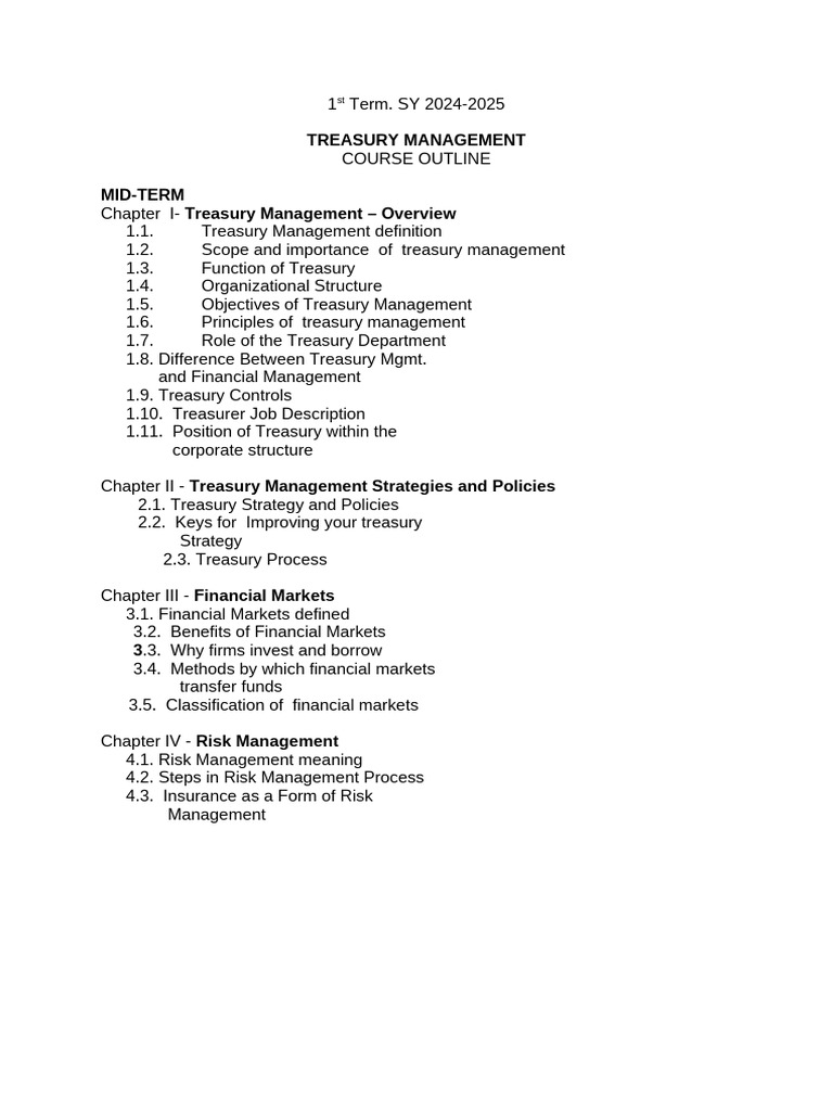 Course Outline Treasury MGT 1st Term AY 2024 2025 | PDF | Financial ...