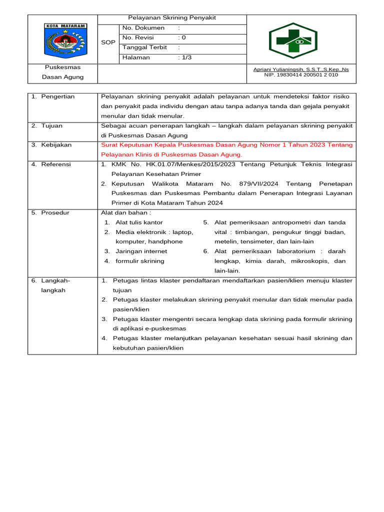 SOP Pelayanan Skrining ILP | PDF