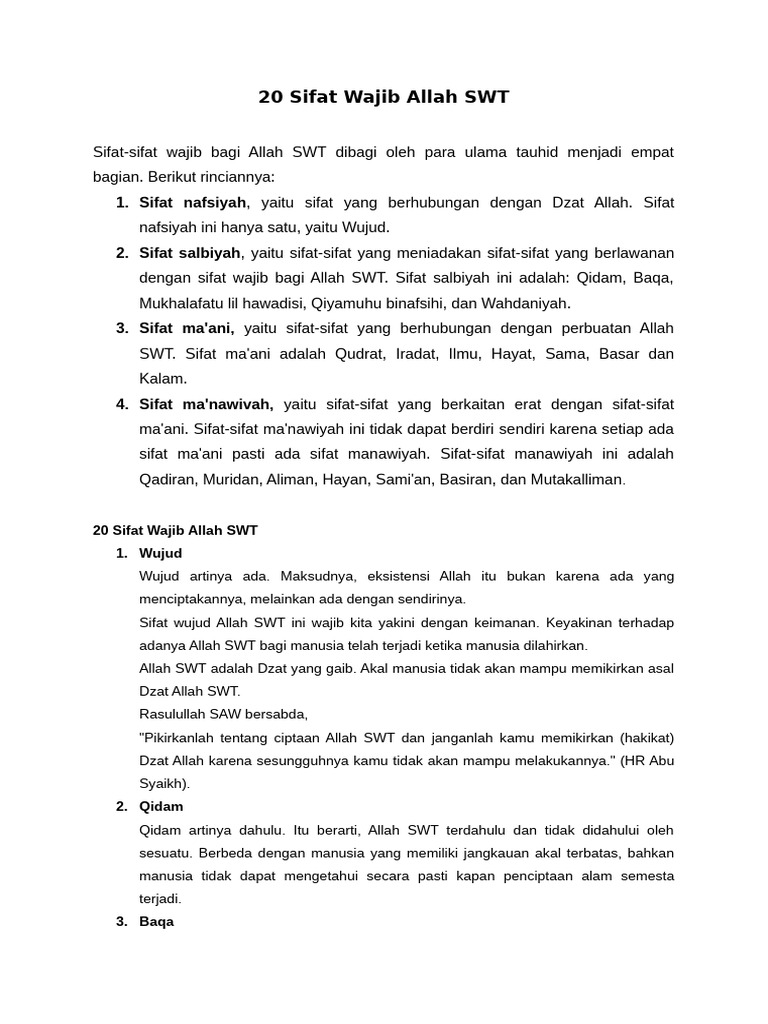 20 Sifat Wajib Allah SWT | PDF