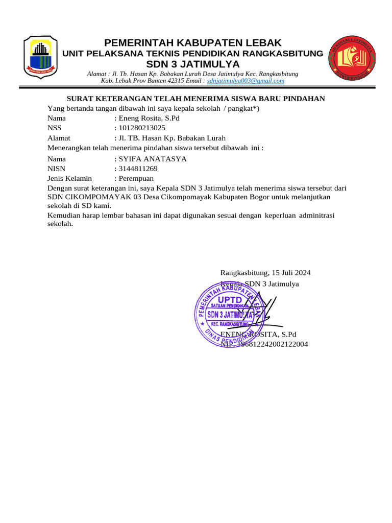 SURAT PINDAH SYIFA ANATASYA | PDF