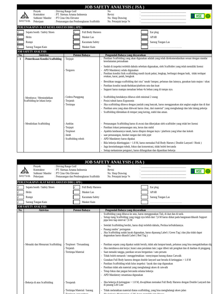 JSA Pemasangan Scaffolding | PDF