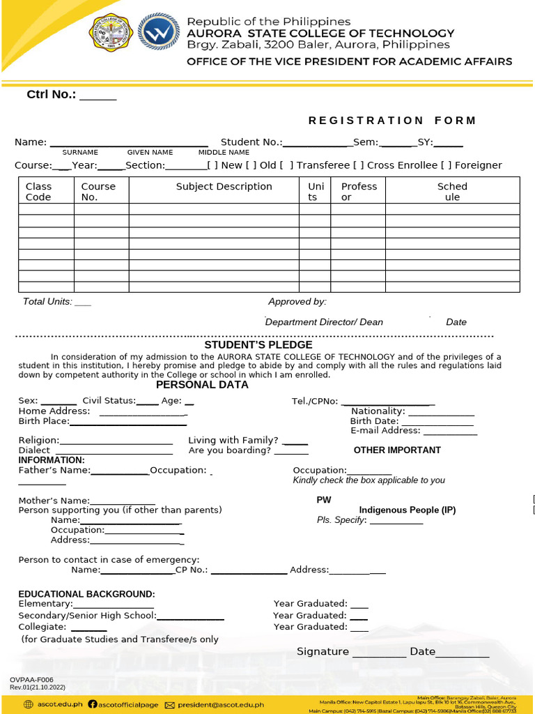 Registration Form for Enrollment (1) | PDF | Justice | Crime & Violence