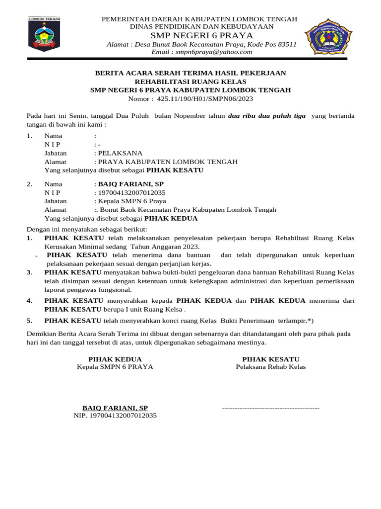 Serah Terima Rehab Kelas SMPN 6 | PDF