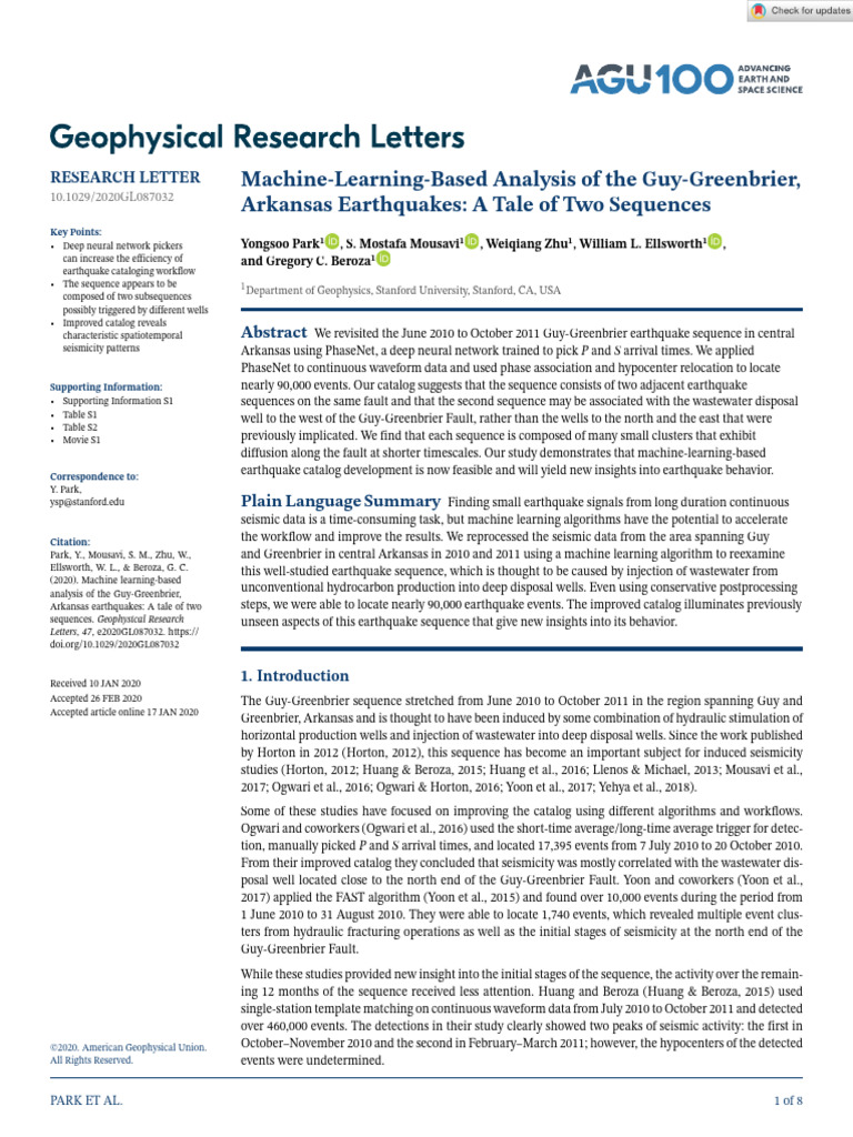 Geophysical Research Letters - 2020 - Park | PDF | Earthquakes | Seismology