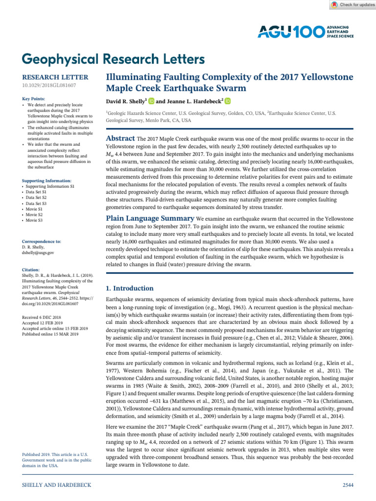 Shelly-Geophysical Research Letters - 2019 | PDF | Earthquakes | Moment ...