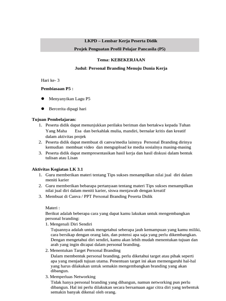 LKPD Hari Ke - 3 | PDF | Pengembangan Diri