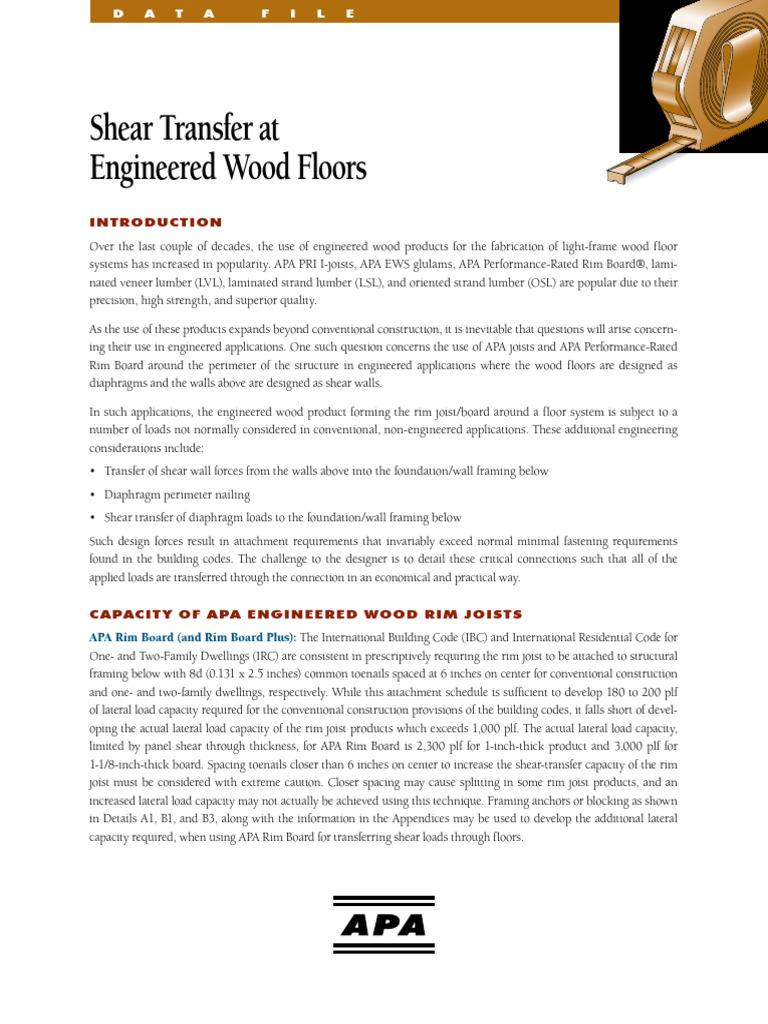 Shear Transfer at Engineered Wood Floors: APA Rim Board (And Rim Board ...