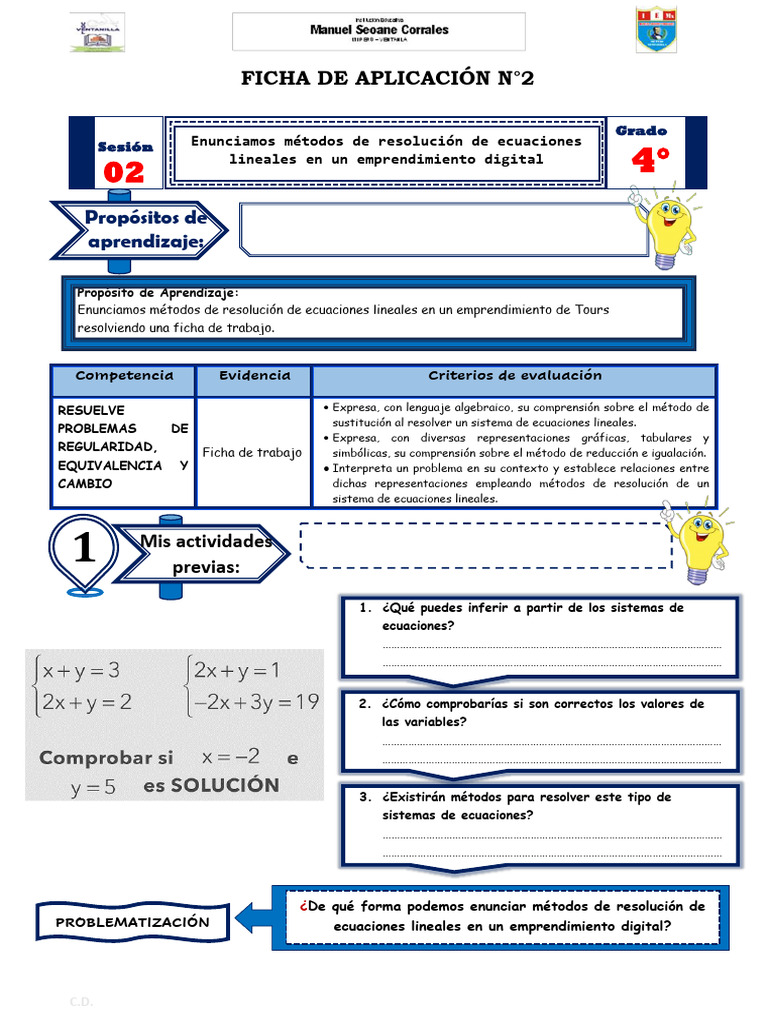 4° Ficha de Aplicación-Sesión2-Sem.1-Exp.5-Mate | PDF | Ecuaciones | Sistema de ecuaciones lineales