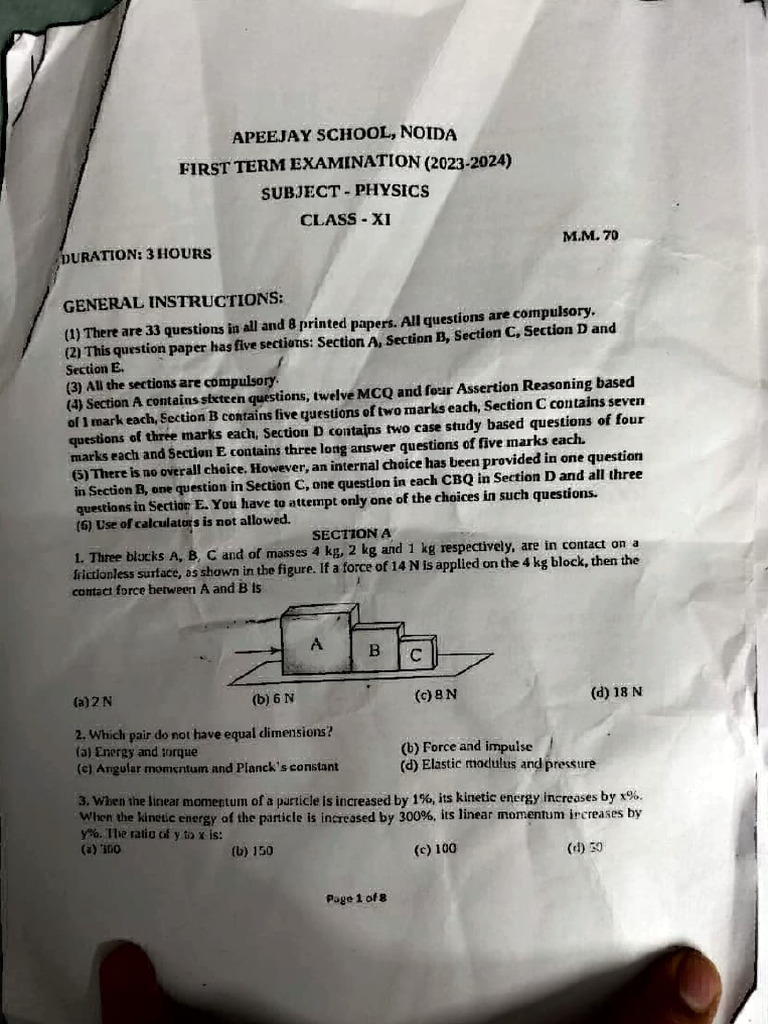 Apeejay Sch. Phy Class XI Half Yearly Paper | PDF