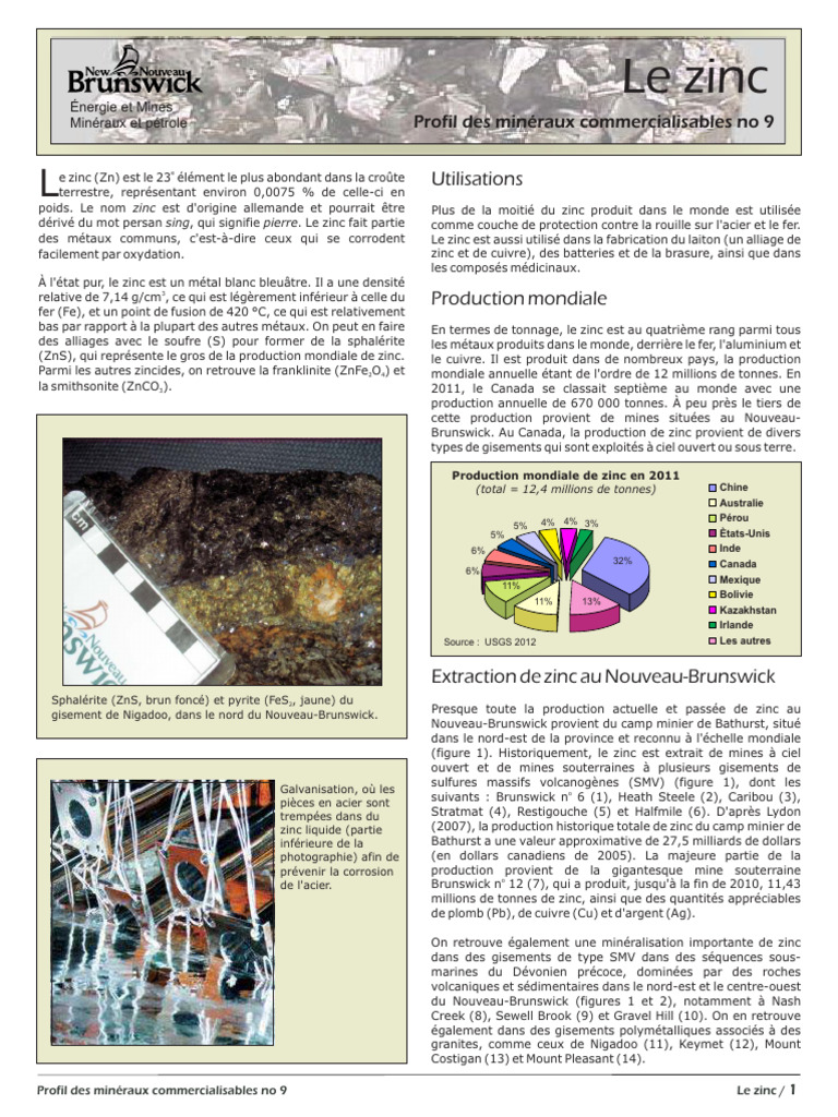 Profil du zinc : production et gisements | PDF | Zinc | Fer