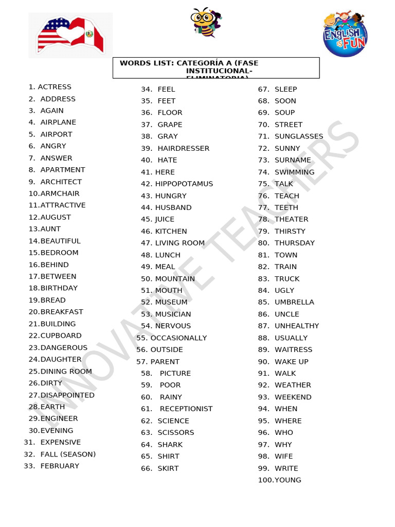 Vocabulary List: 100 Common Words | PDF