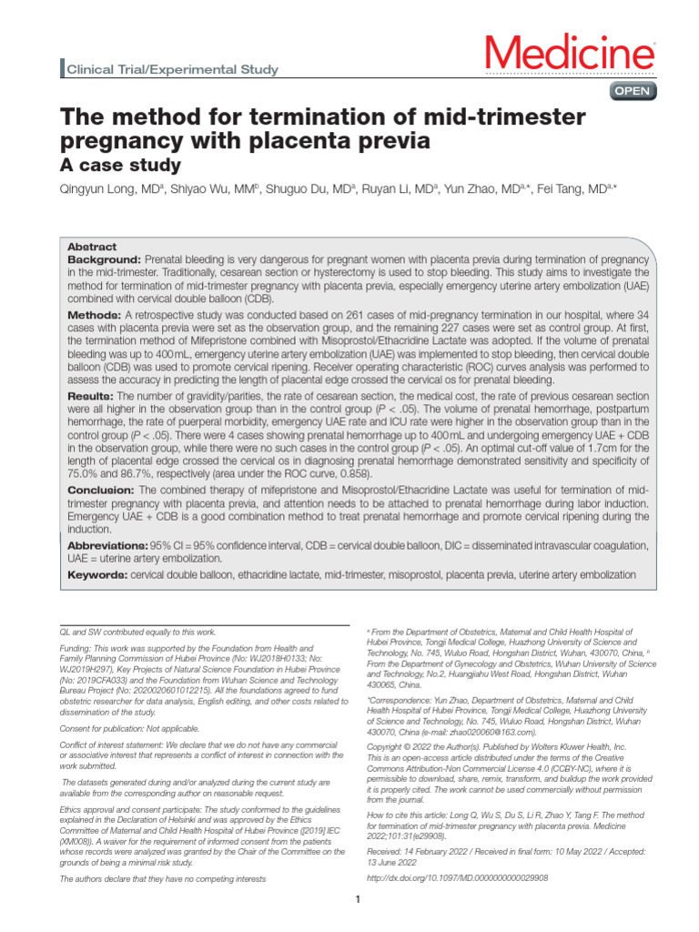 The Method For Termination of Mid-Trimester Pregnancy With Placenta ...