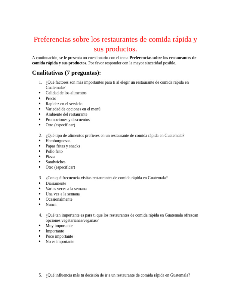 Preferencias Sobre Los Restaurantes de Comida Rápida y Sus Productos ...
