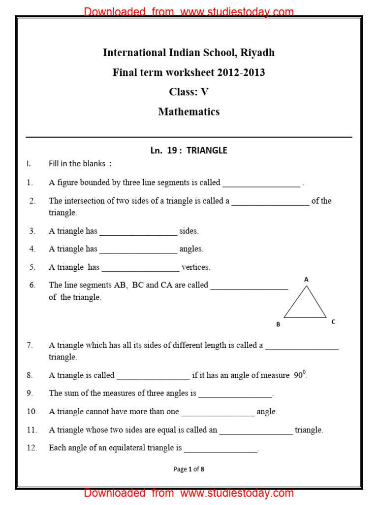 CBSE Class 5 Mathematics Worksheet - Triangles Always | PDF | Triangle ...