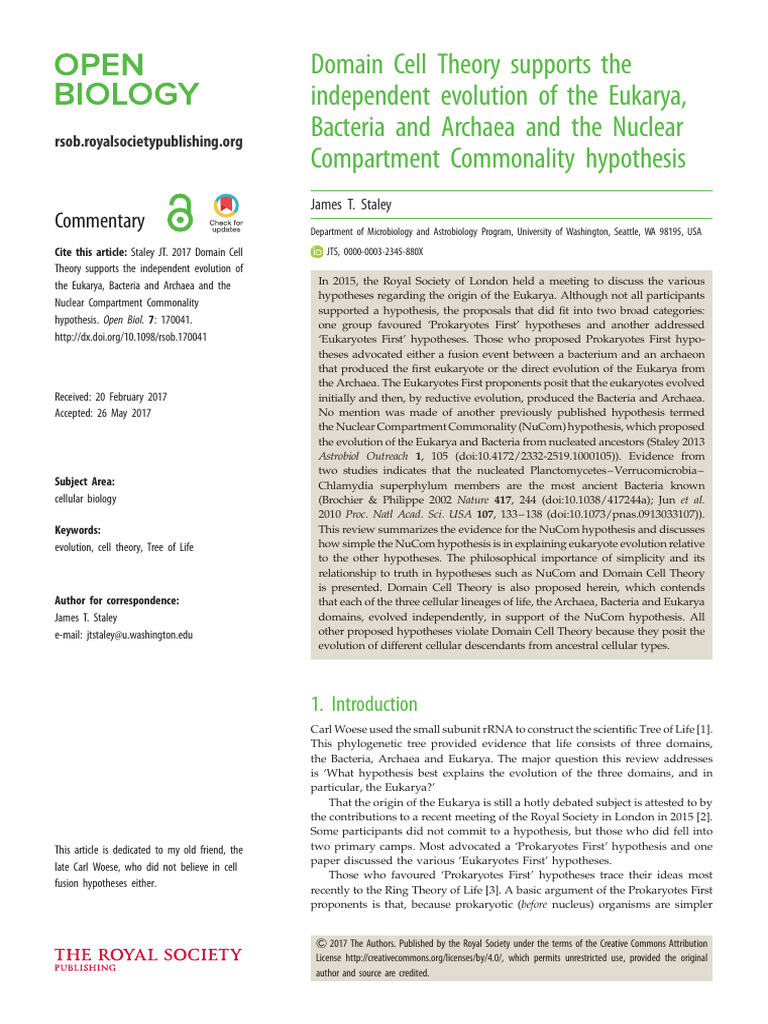 Staley 2017 Domain Cell Theory Supports The Independent Evolution of The Eukarya Bacteria and ...