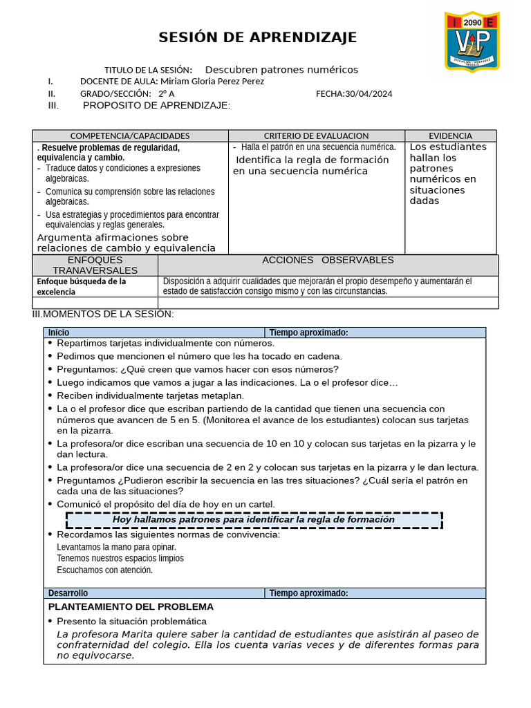 Ses. Mat. Descubren Patrones Numericos | PDF | Evaluación | Aprendizaje