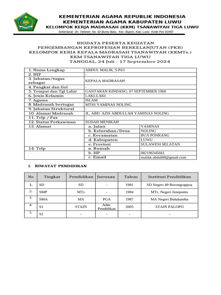 Biodata Peserta KKMTs. ABDUL MALIK | PDF