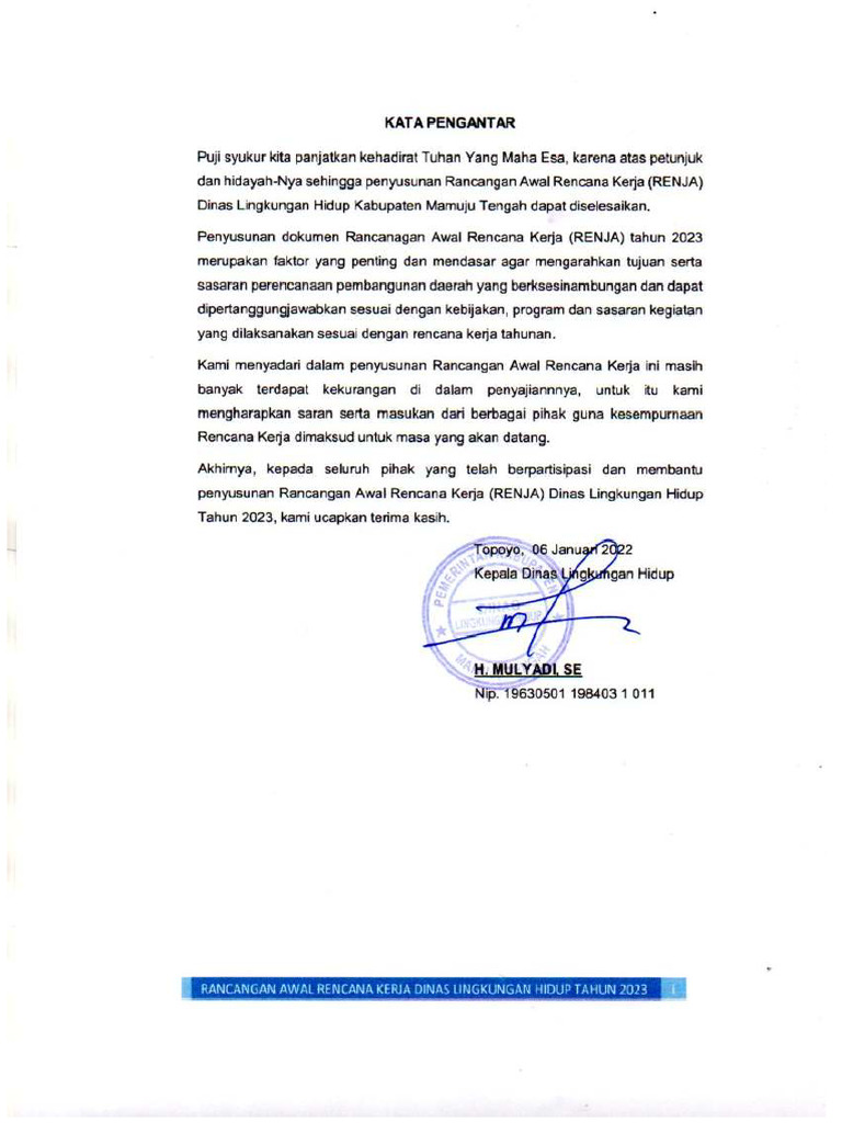 Kata Pengantar Renja Dan Renstra | PDF
