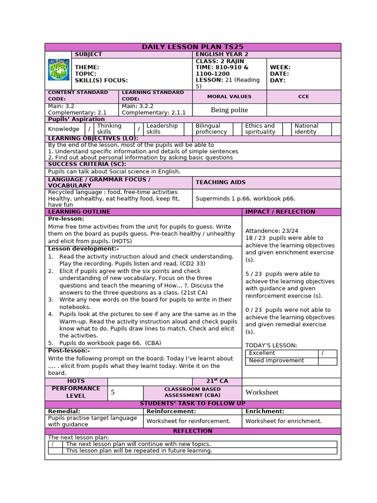 Being Polite: Daily Lesson Plan Ts25 | PDF | Lesson Plan | Worksheet