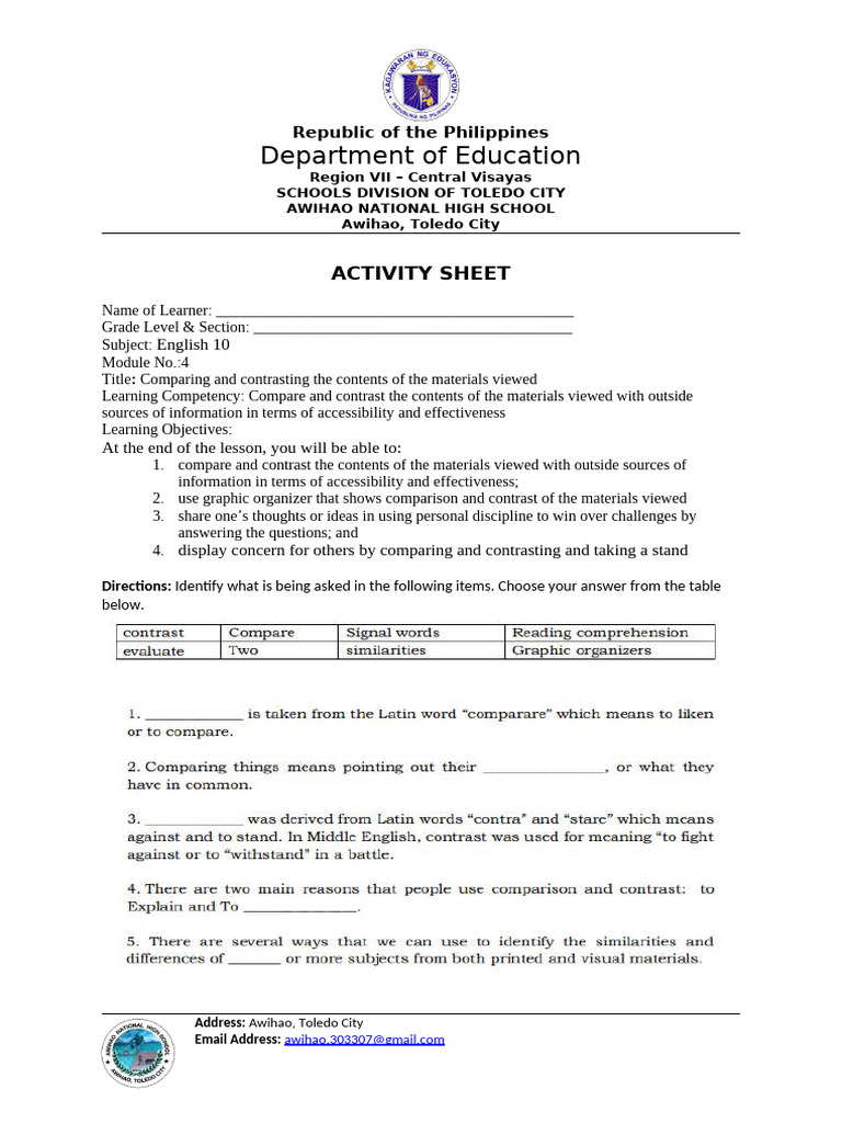 English 10 Activity: Compare & Contrast | PDF | Learning | Cognitive ...
