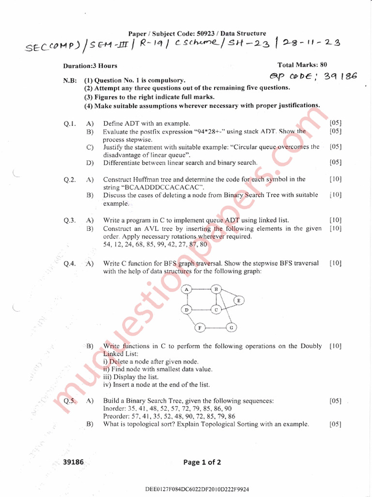 Data Structures Exam Paper 50923 | PDF | Algorithms | Algorithms And ...