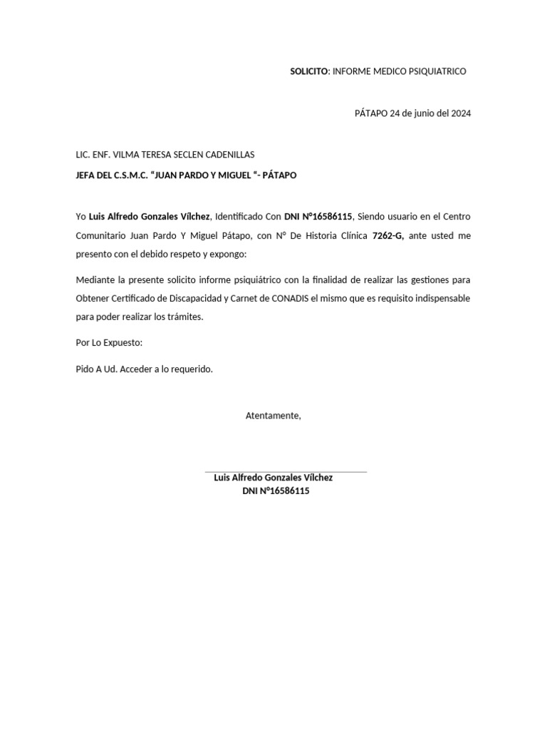 Modelo Solicitud Informe Psiquiatrico | PDF | Ciencias sociales | Relaciones personales, crianza ...