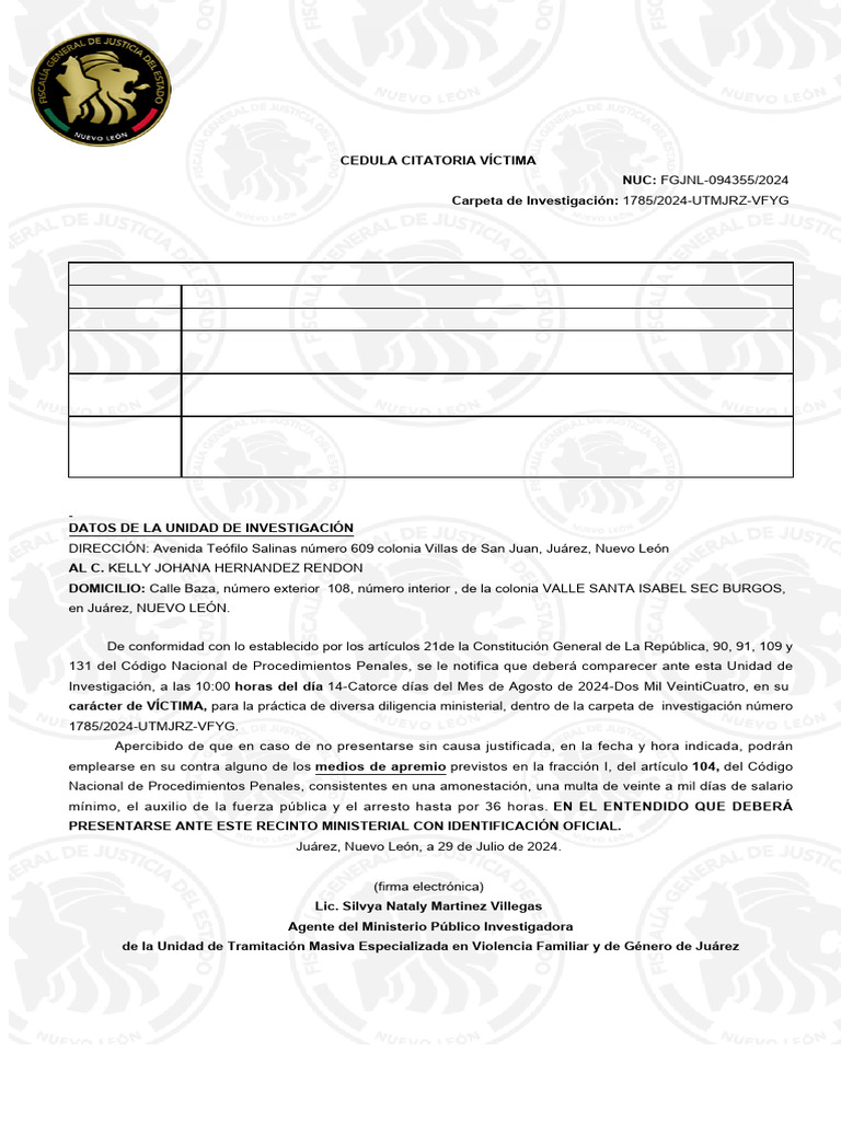 Citatorio Folio: Destinatario: Kelly Johana Hernandez Rendon Domicilio ...