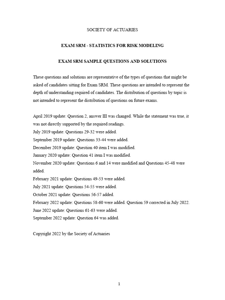 Exam SRM Sample Questions | PDF | Errors And Residuals | Principal Component Analysis