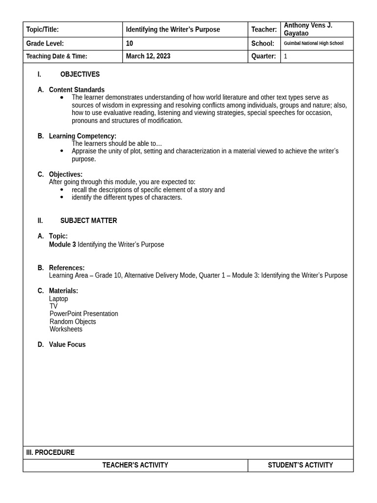 Cot m3 Lesson Plan | PDF | Learning | Lesson Plan