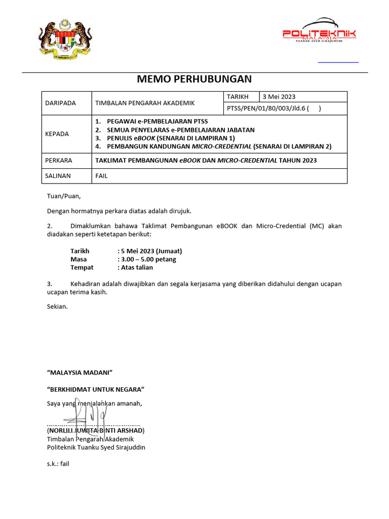 Memo Taklimat MC Dan Ebook | PDF