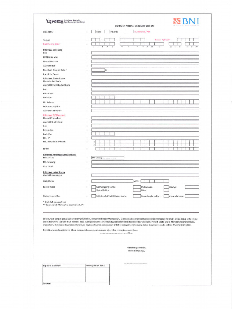 Formulir Aplikasi Pengajuan QRIS BNI | PDF