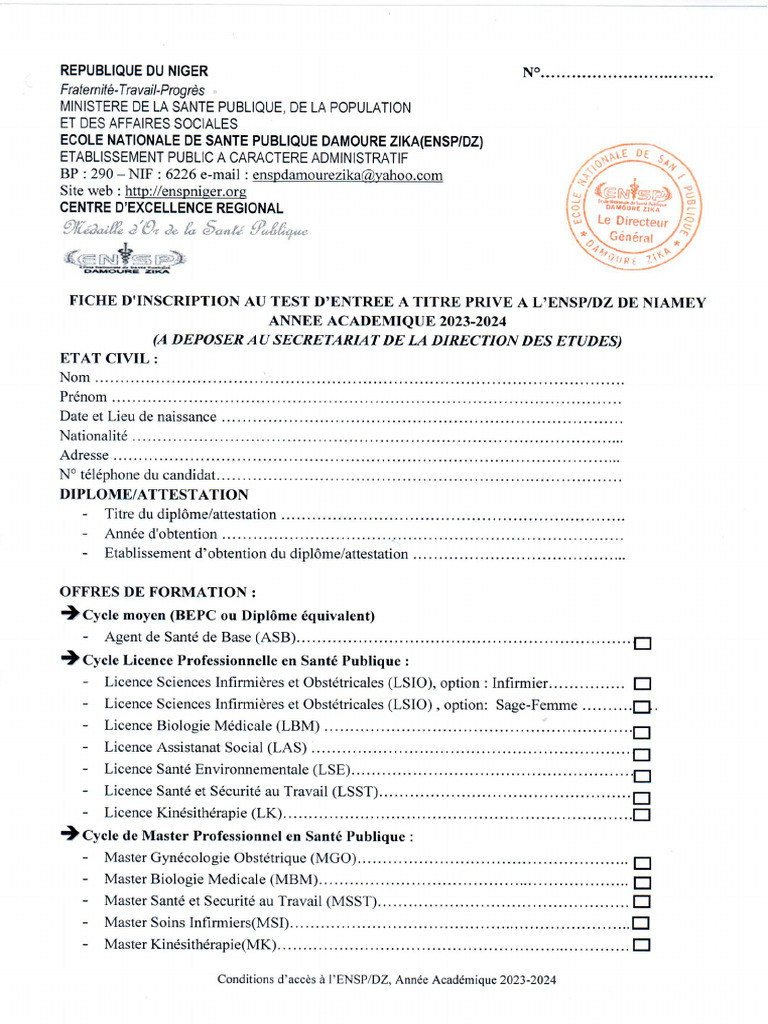 Fiche D'inscription 2023 2024 Ensp Niamey-3 | PDF Fiche D'inscription 2023 2024 Ensp Niamey-3 | PDF