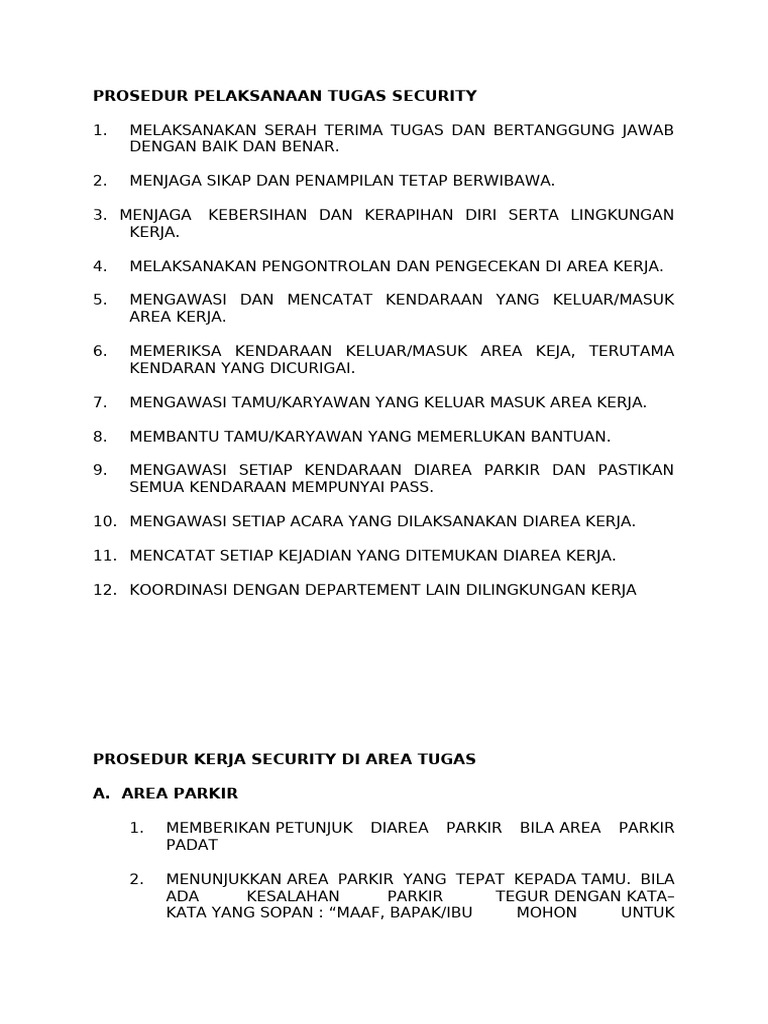 Prosedur Pelaksanaan Tugas Security | PDF