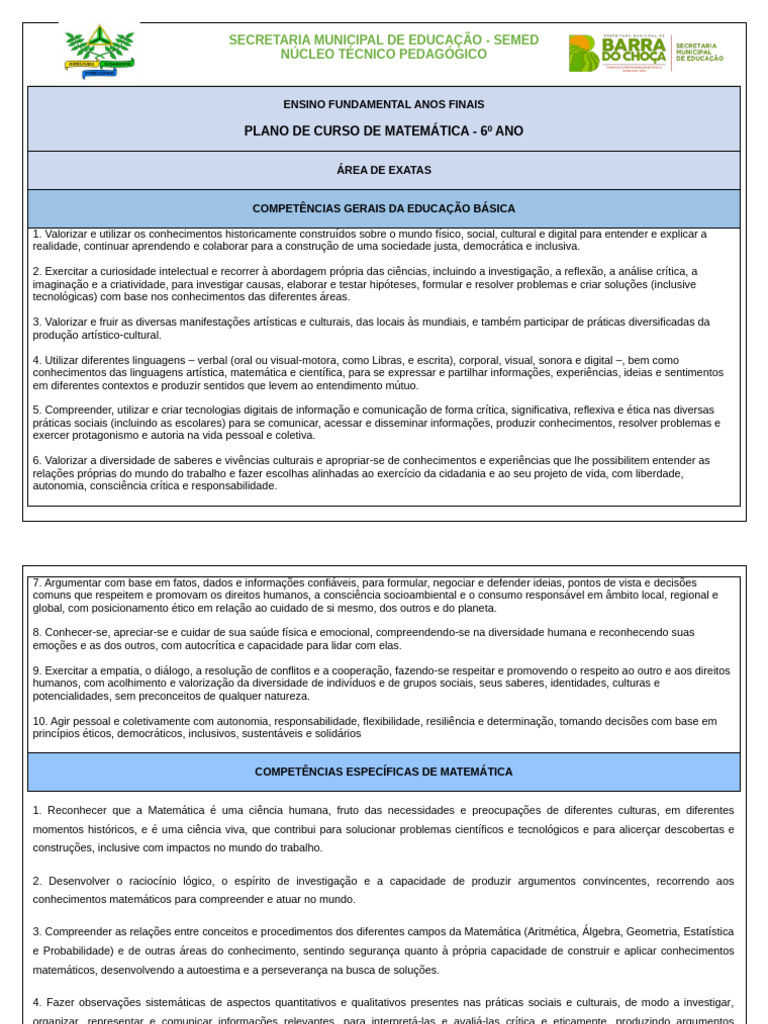 Plano de Curso Unificado 2023 - Versão Final-6º Ano - Matemática | PDF | Vértice (Geometria ...