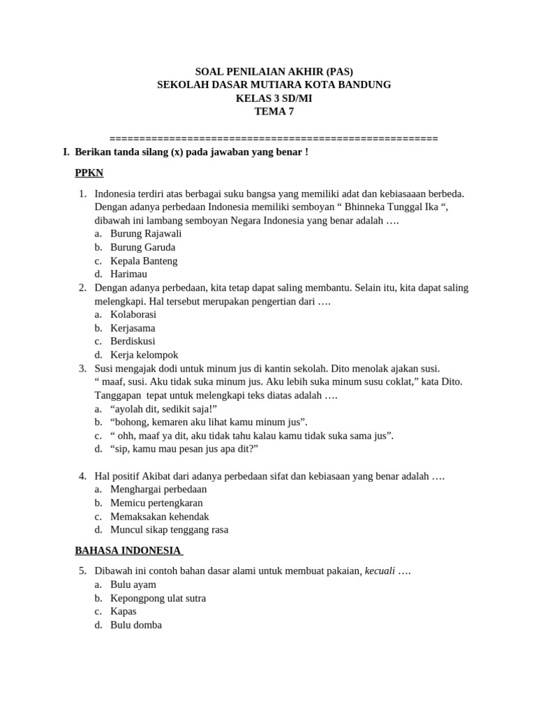 Soal UAS-PAS Kelas 3 Tema 7 - Kamimadrasah | PDF | Kajian Bahasa Asing | Griya & Taman