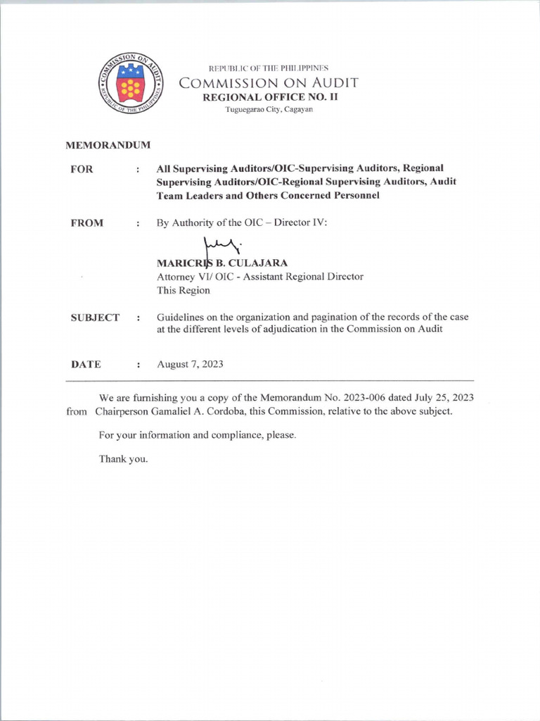 Memo Dated Aug 7 2023 Re Guidelines On The Organization and Pagination of The Records of The ...