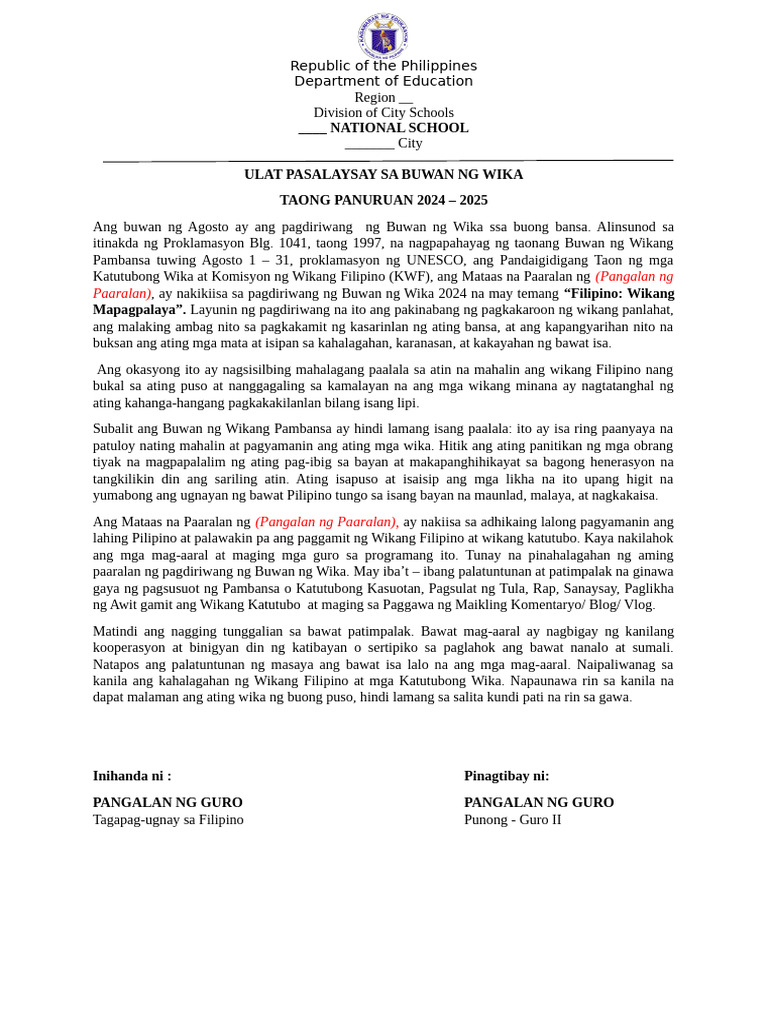 Ulat Pasalaysay Sa Buwan Ng Wika | PDF Ulat Pasalaysay Sa Buwan Ng Wika | PDF