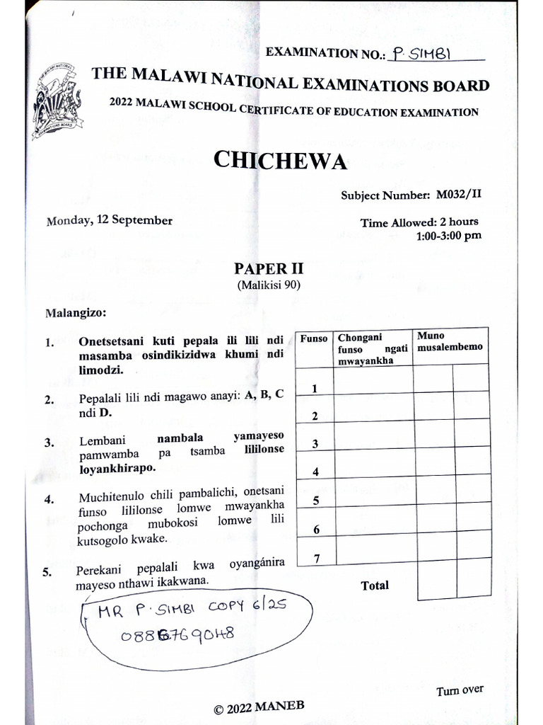2022 Msce Chichewa P. 2 | PDF
